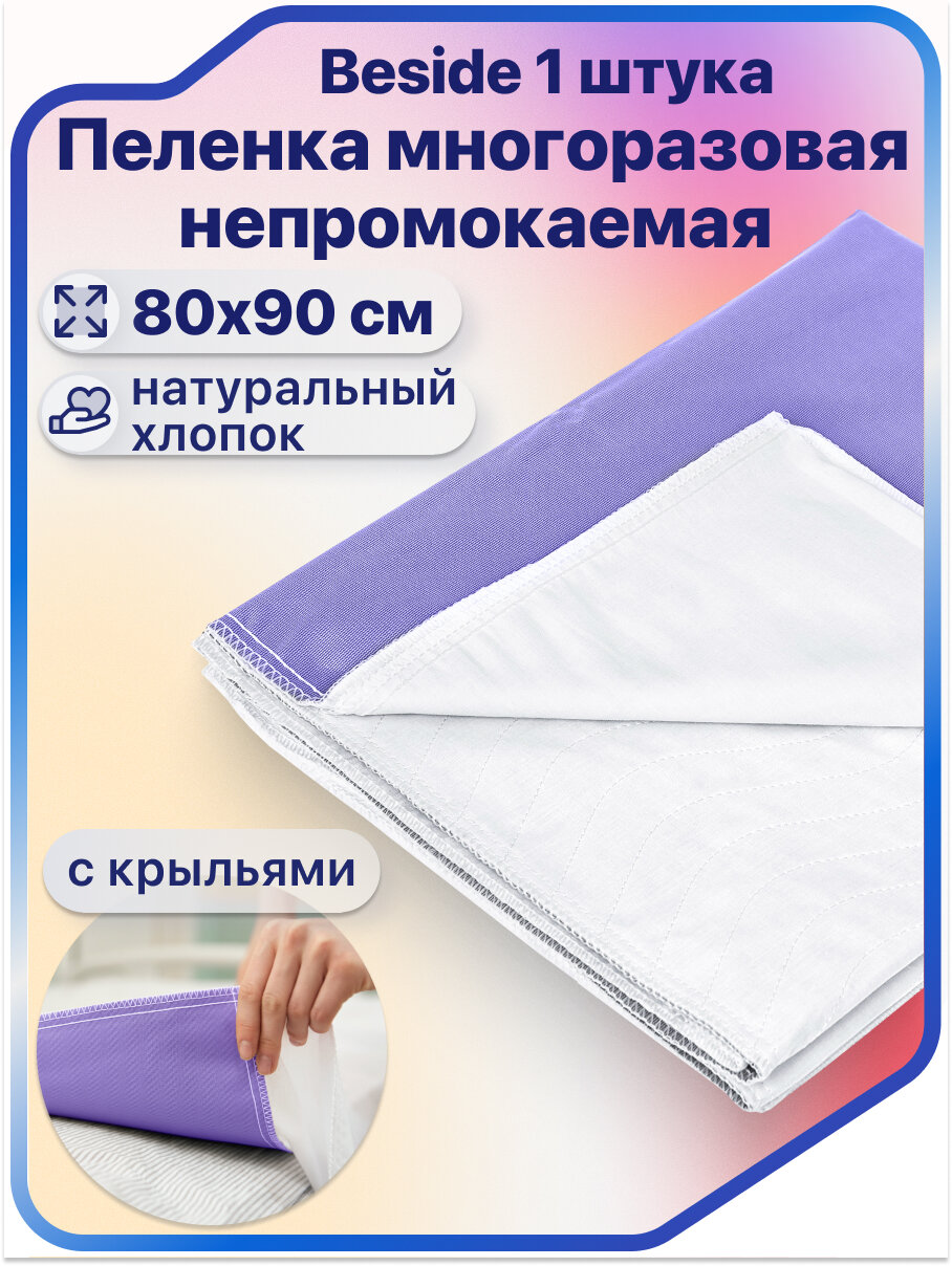 Пеленка непромокаемая многоразовая с крыльями BESIDE волны, 80x90 см
