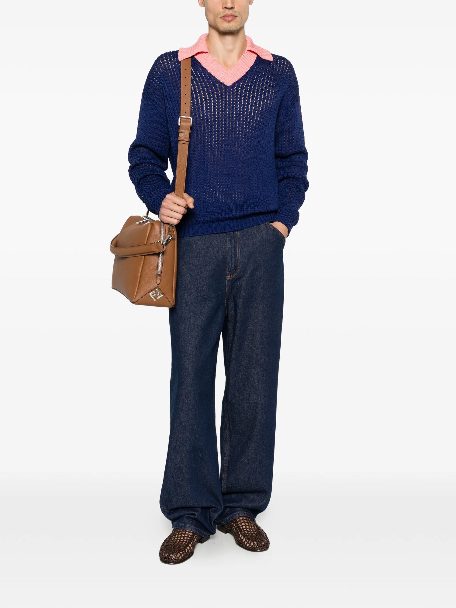 Свитер FENDI V-neck collared sweater, размер 46, , синий — фото 1