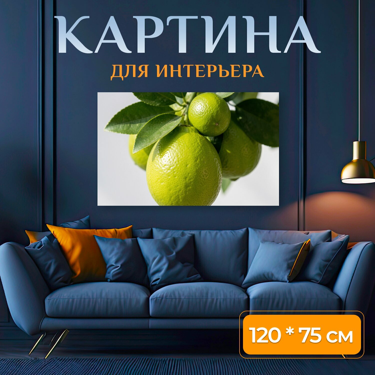 Картина на холсте "Зеленые цитрусы на ветке. Свежие лимоны и лаймы среди плотной листвы, макро с крупным планом, сочные желто-зеленые оттенки." на подрамнике 120х75 см. для интерьера
