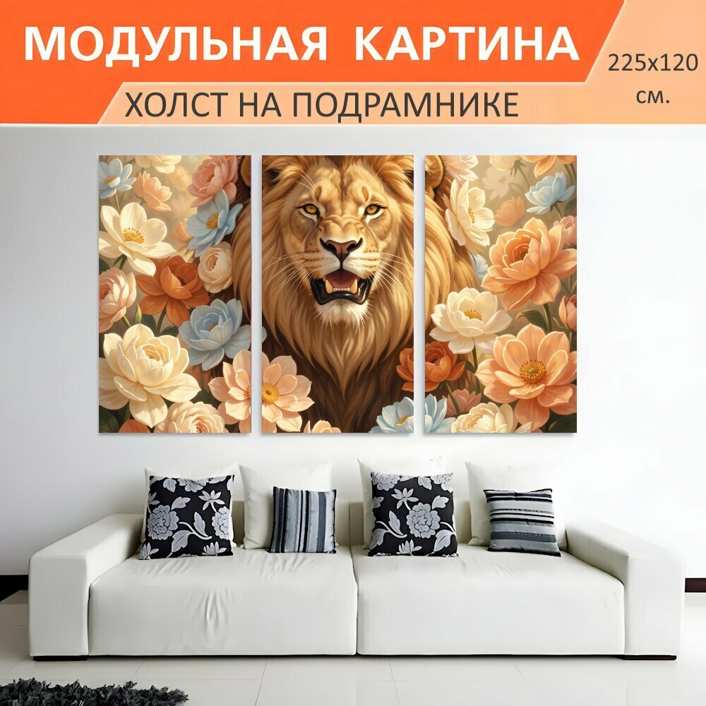 Модульная картина на холсте "Лев среди нежных цветов. Величественный зверь с пышной гривой в окружении крупных садовых бутонов." триптих на подрамнике 225х120 см. для интерьера