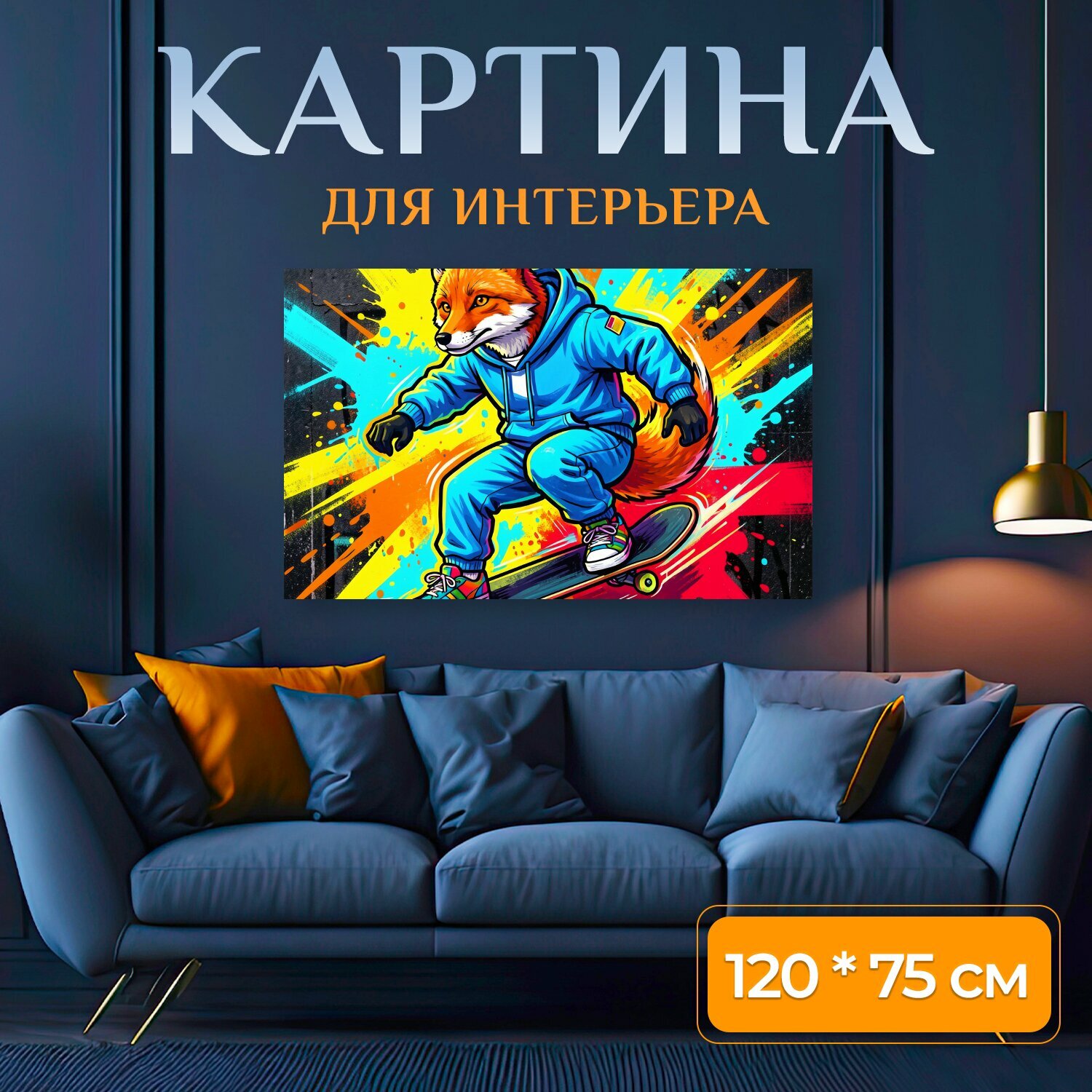 Картина на холсте "Лиса на скейтборде в худи. Яркий неоновый стрит-арт с рыжей лисой в спортивном образе на доске, динамичные брызги, голубые." на подрамнике 120х75 см. для интерьера