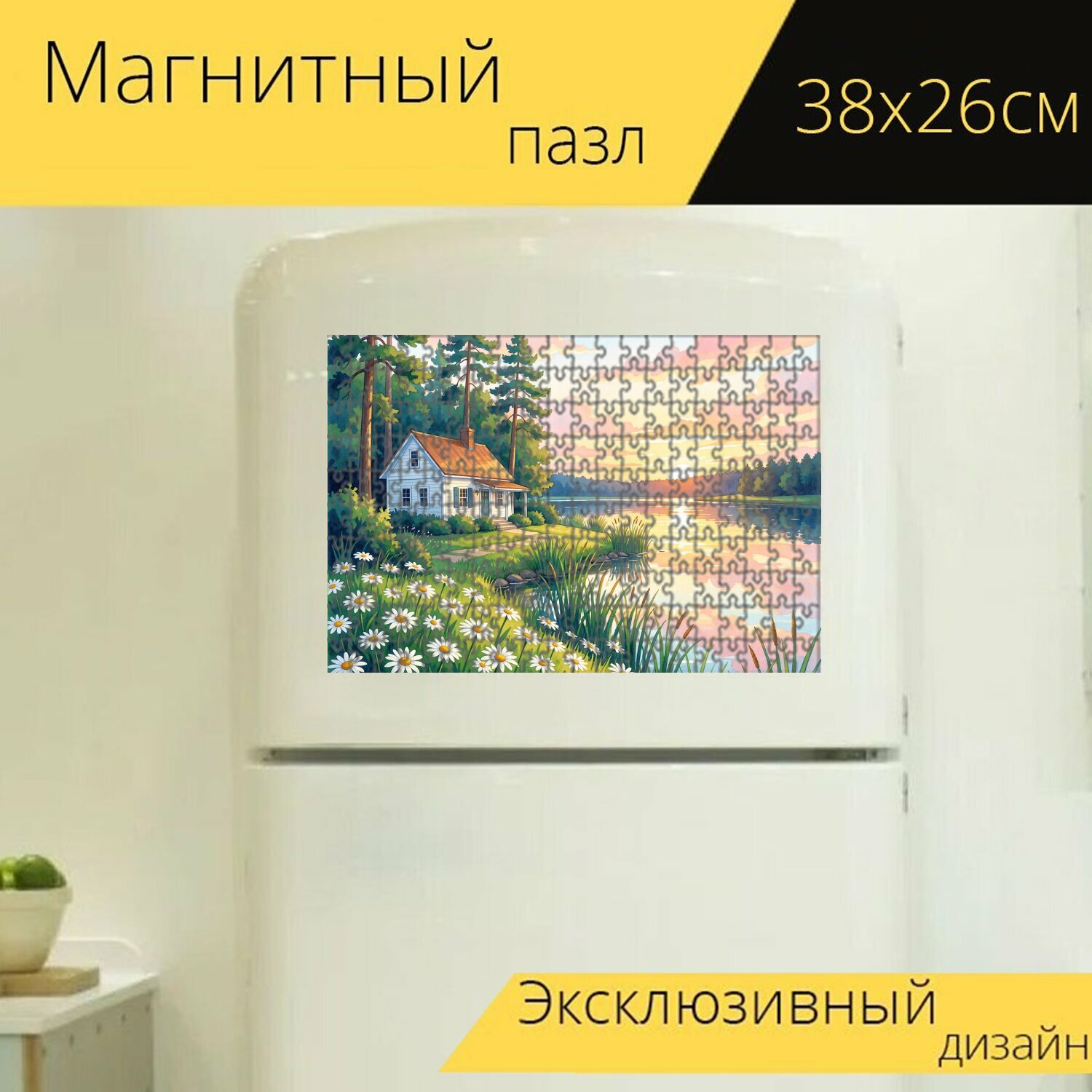 Магнитный пазл "Дом у озера среди сосен. Уютный деревенский домик на берегу тихой воды, высокий хвойный лес, поле ромашек и мягкое небо с розовыми облаками." для интерьера, 38х26 см.