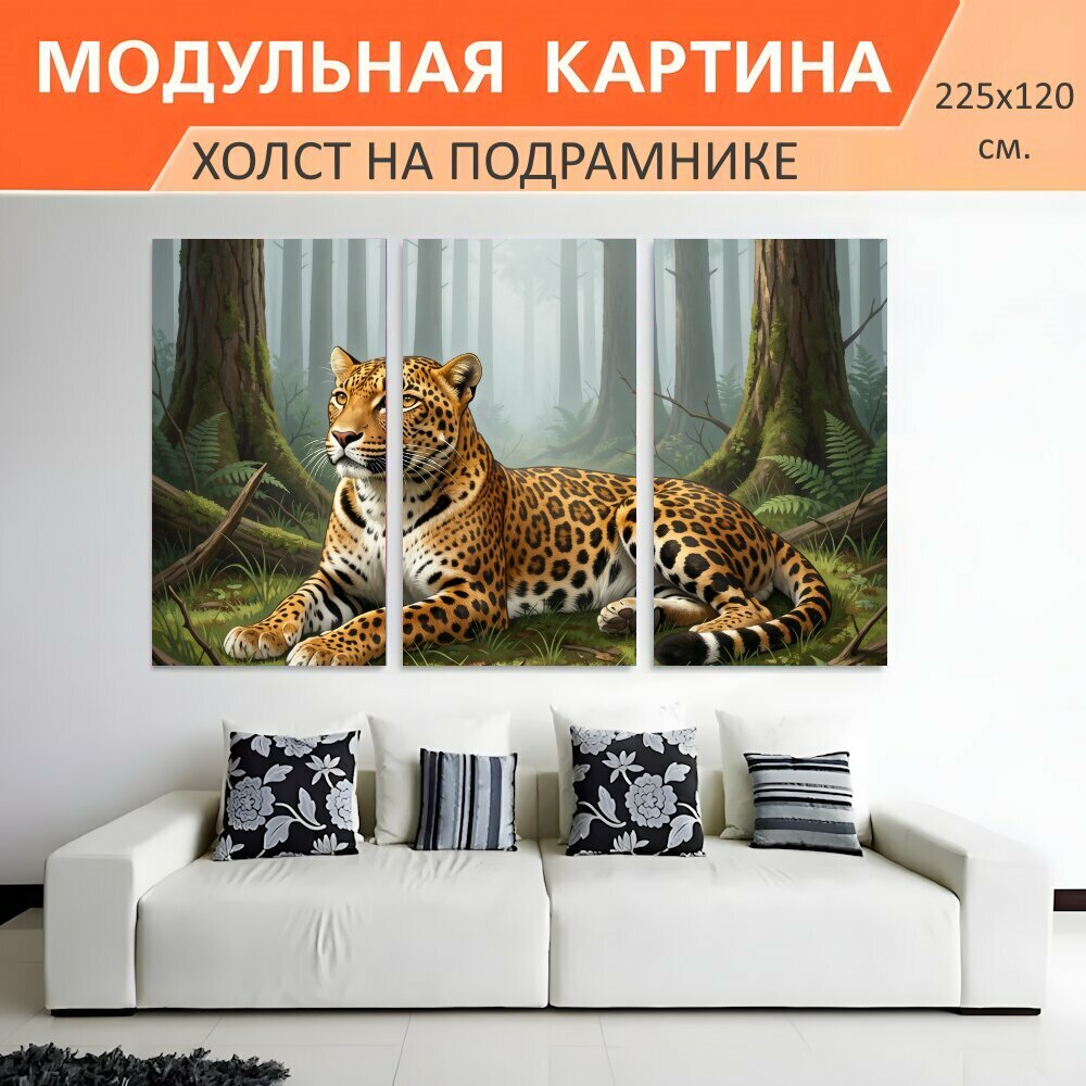 Модульная картина на холсте "Леопард в туманном лесу. Грациозный хищник отдыхает среди высоких деревьев в туманной чаще, зелёный мох." триптих на подрамнике 225х120 см. для интерьера