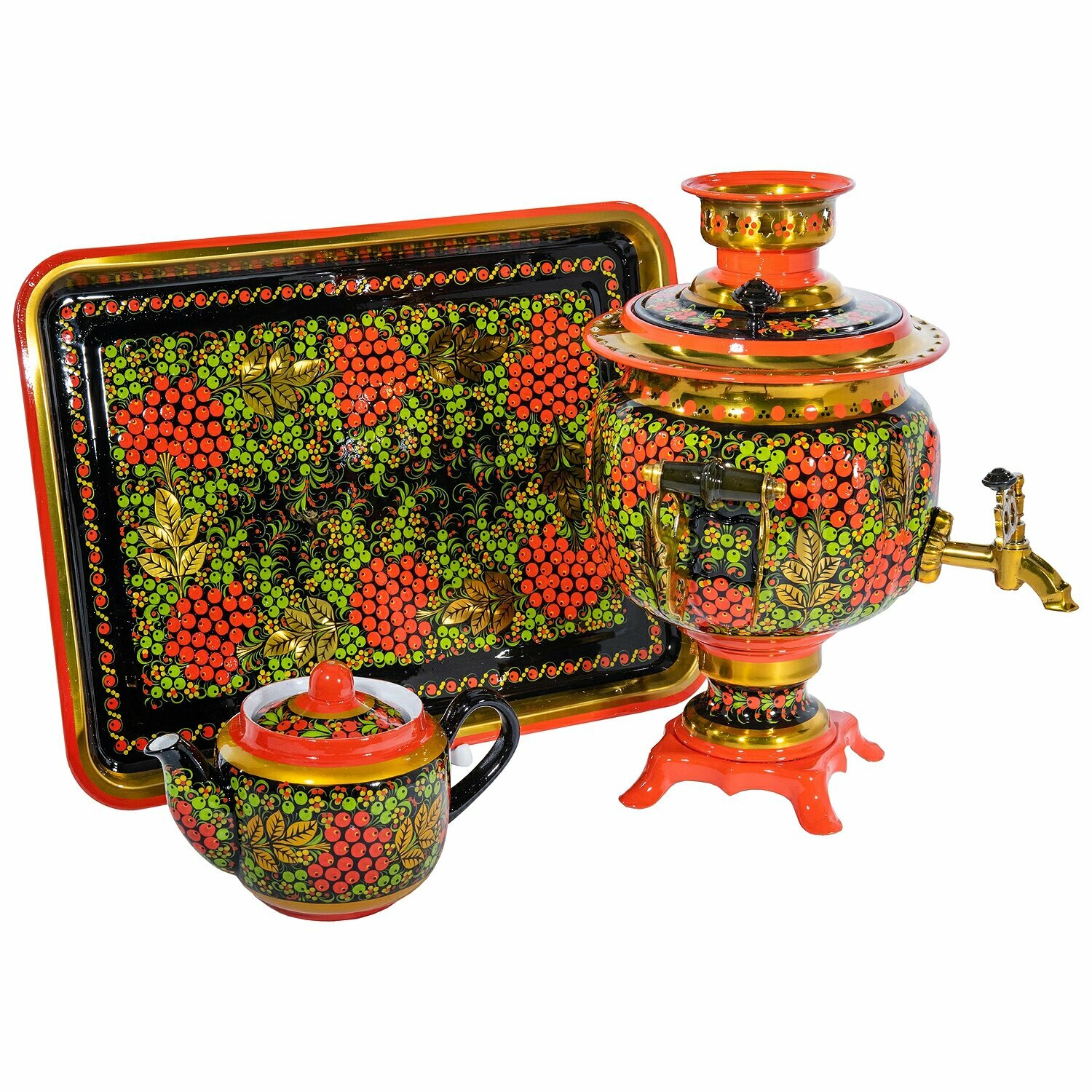 201890/желудь Хохлома самовар 3 л "рябина" (поднос прямоуг и чайник)