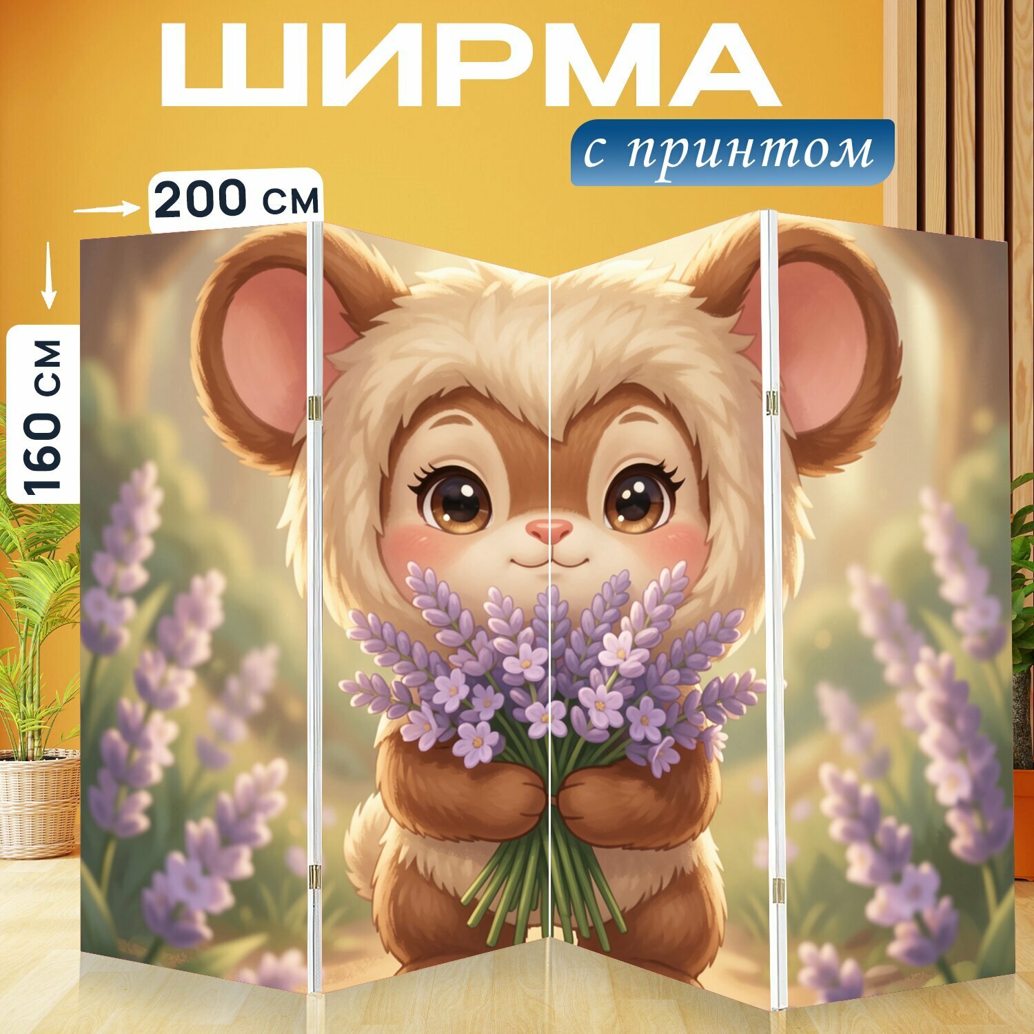 Ширма "Милый медвежонок с цветами. Очаровательный мультяшный зверёк с большими глазами и пушистой шерстью." перегородка для зонирования комнаты с принтом 200x160 см. на холсте