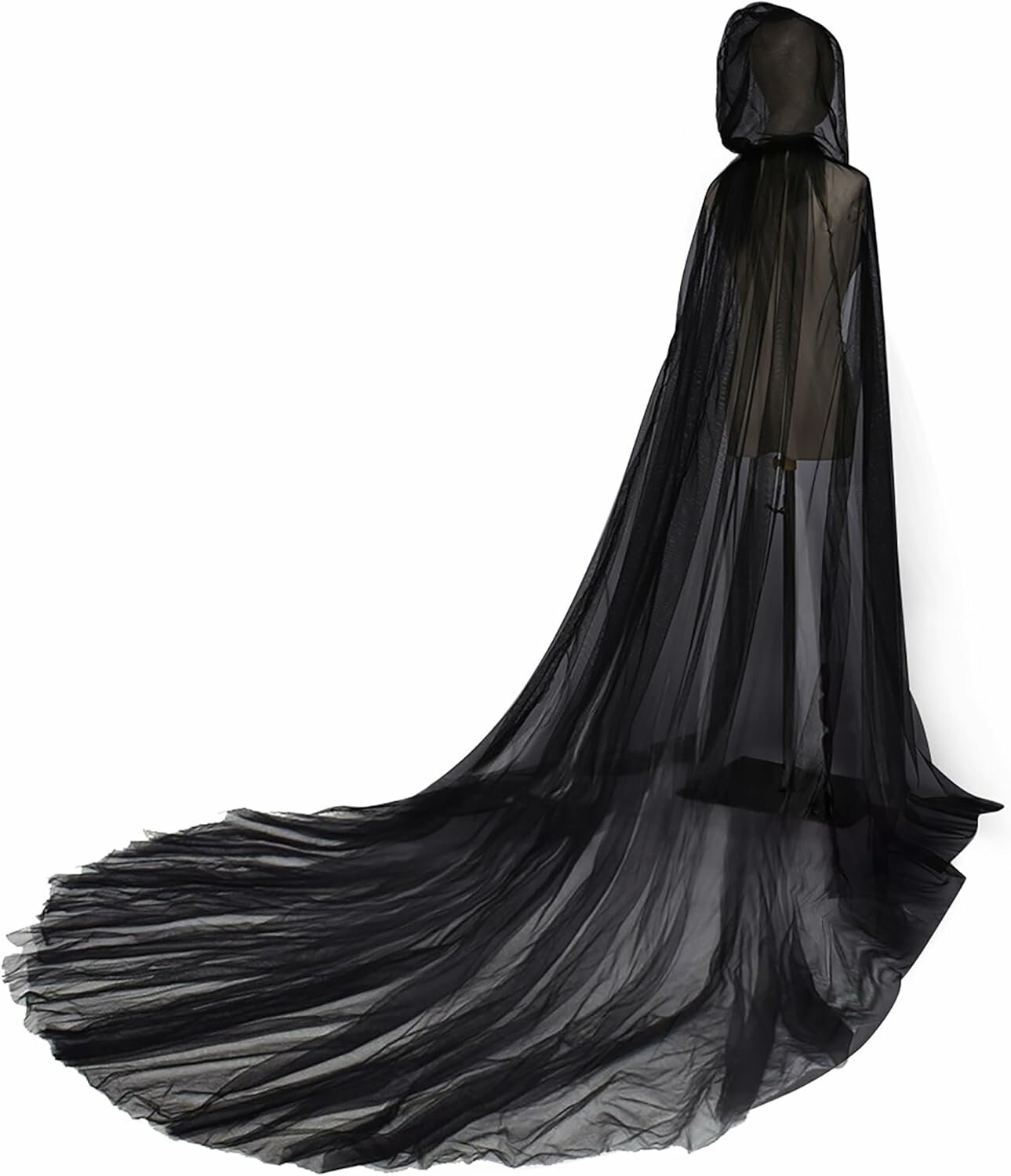 Длинный шифоновый плащ вампира на Хэллоуин, прозрачный костюм призрака, накидка из тюля с капюшоном для женщин и невест, 86,7 дюйма (черный)