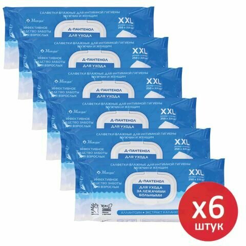 Салфетки влажные для ухода за лежачими больными и интимной гигиены комплект (6 пачек х 80 шт), 22х25 см, Д-пантенол, мелодия, 116528