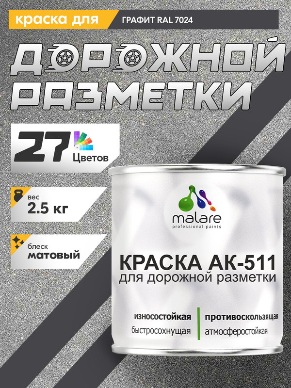 Краска Malare АК-511 для дорожной разметки, бетонного пола, минеральных поверхностей, износостойкая, матовая RAL 7024 графитово-серый(темный) 2,5 кг.
