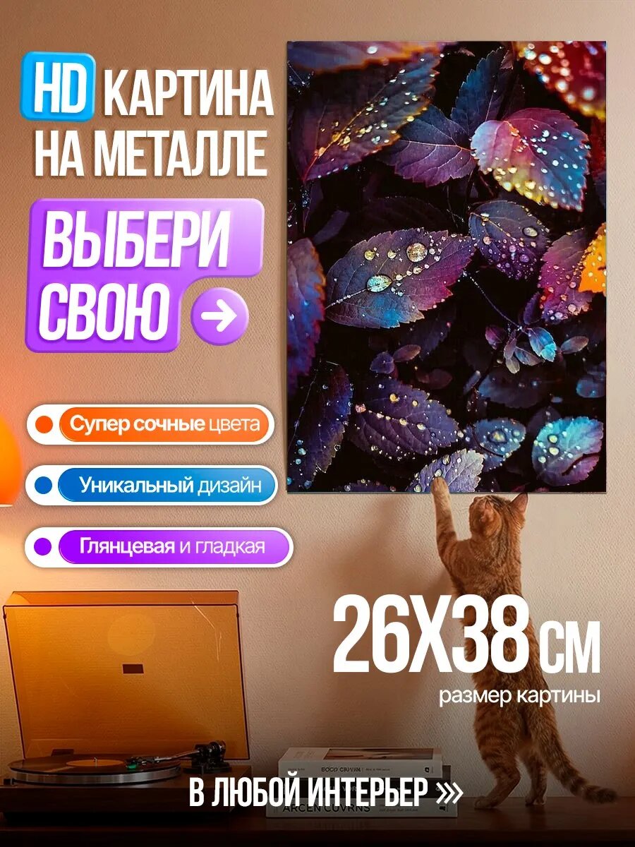 Картина на HD металле Капли на листьях