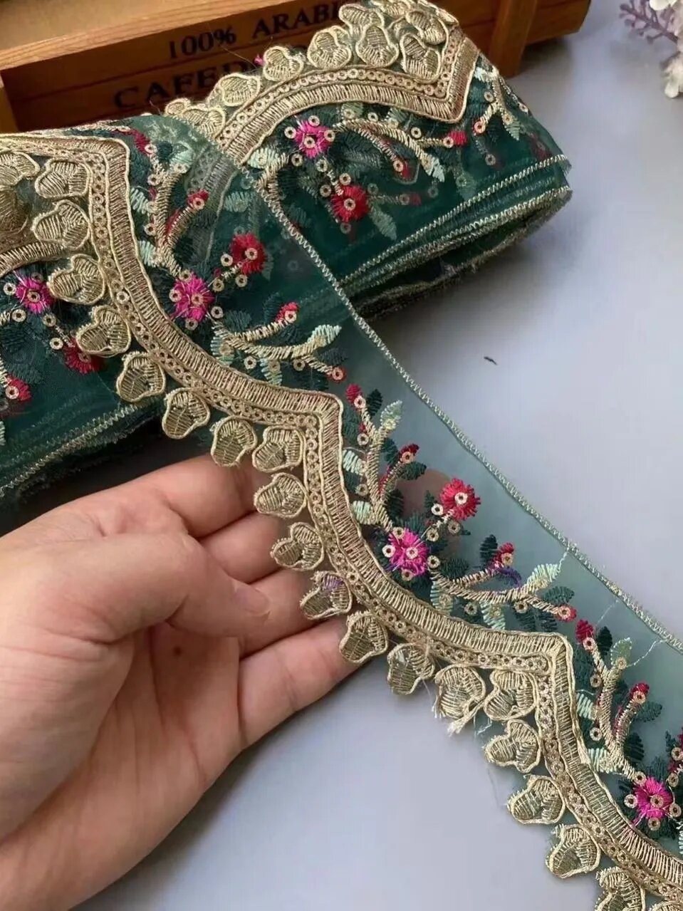 Пайетки ракушка Тесьма лента трикотажная, 6.5 см, 2 метра Тесьма декоративная, с народным узором, для декора, рукоделия и творчества, зеленый