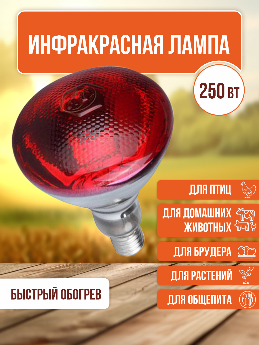 Лампа инфракрасная для обогрева кур, птиц, щенков, свиней, брудера/ Лампочка галогенная для животных и теплиц 250Вт Е27 - 1 шт