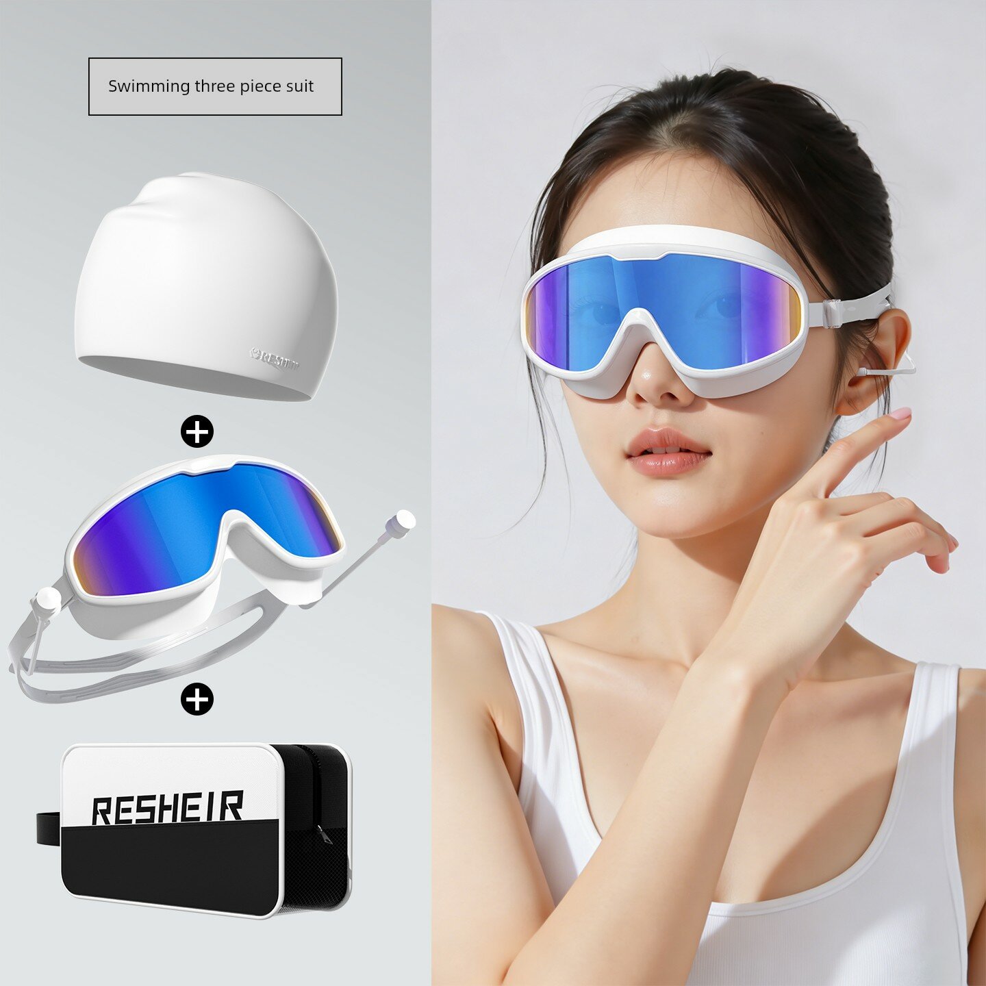 RESHEIR Женские купальные очки с анти-туманной защитой и цветным покрытием, комплект с белым головным убором и сумкой,