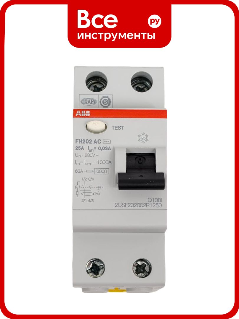 Выключатель дифференциального тока ABB /УЗО/ 2п 25А 30мА FH202 2CSF202002R1250, электромеханический, защита