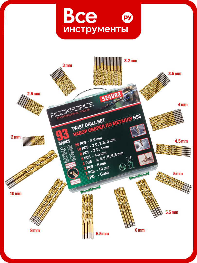 Набор сверл по металлу 93 предмета Rockforce RF‑924U93, из стали HSS, спиральный резец, цилиндрический хвостовик
