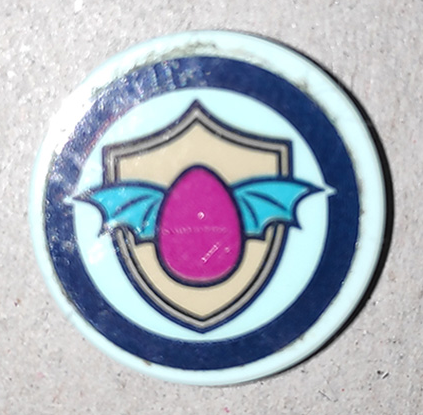 Tile, Round 2 x 2 with Bottom Stud Holder with Winged Magenta Egg and Tan Shield on Light Aqua Background with Dark Blue Border Pattern (Sticker) - Set 41173, 14769pb360 Light Aqua U