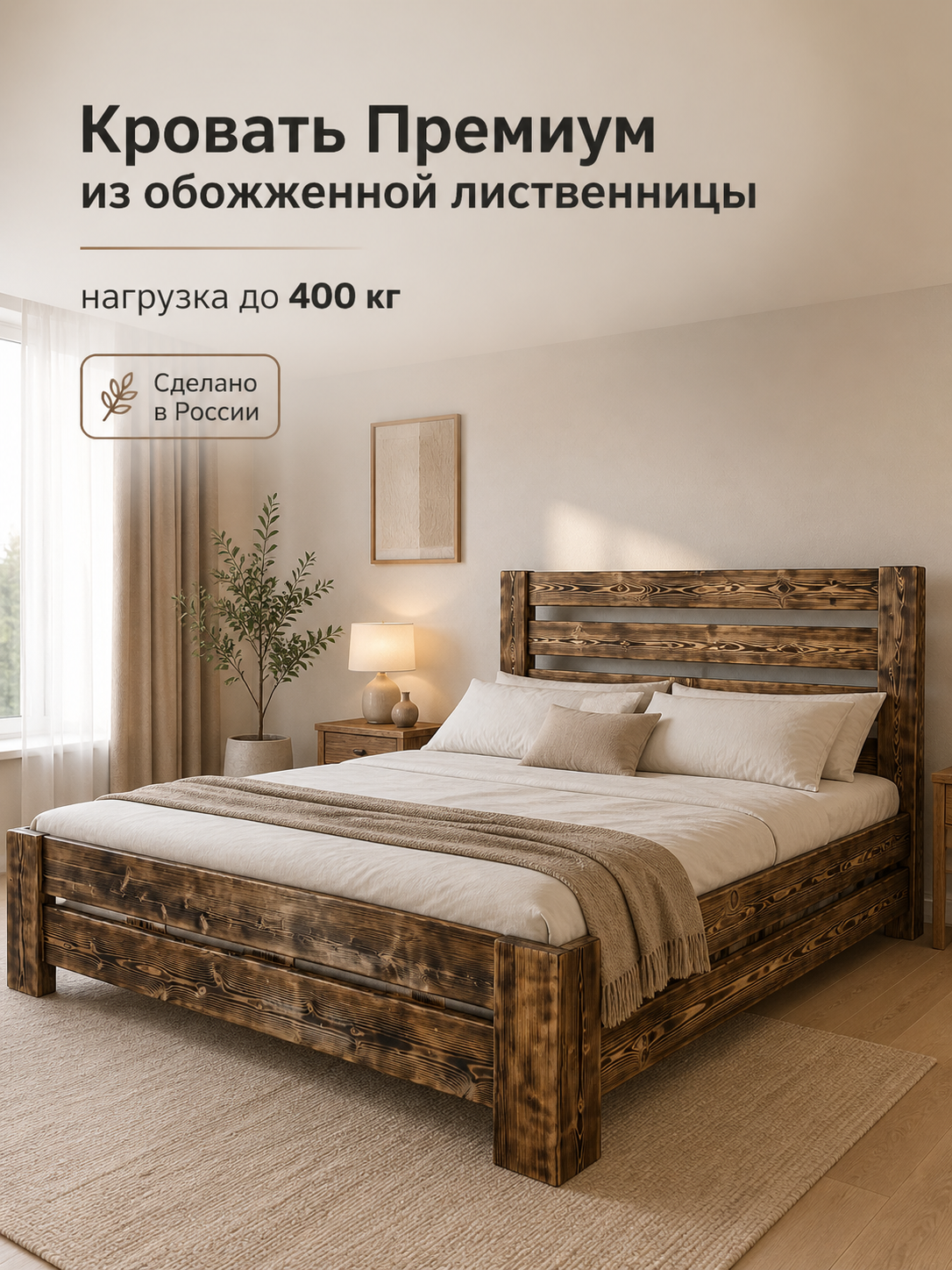 Кровать 180х200 разборная из лиственницы двуспальная, обожжённое дерево