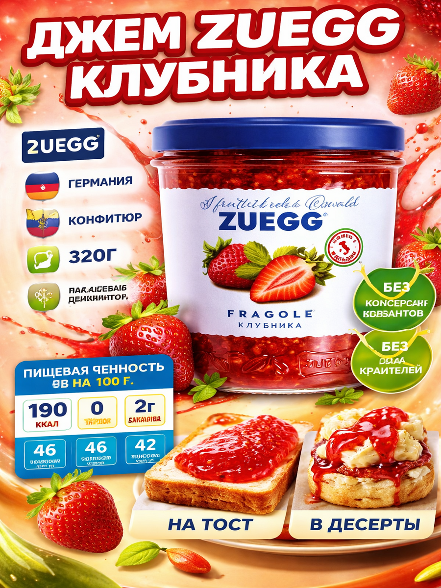 Джем Zuegg Клубника конфитюр экстра, 320г
