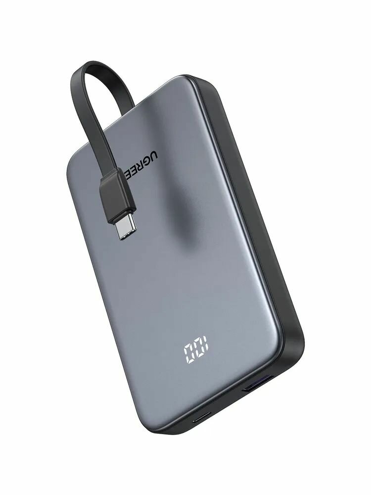 Внешний аккумулятор UGREEN PB526 (75161B) 20W Power Bank 10000mAh USB-C&USB-A with Built-in Cable USB-C. Цвет: серый космос.