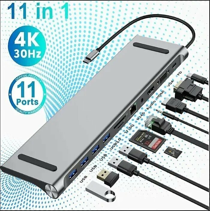 USB разветвитель 11 в 1 USB HUB Type C док станция Usb 3.0 хаб 3 0 переходник концентратор thunderbolt 4k Hdmi VGA RJ45 TF SD AUX картридер для ноутбука пк USB-2.0 Type-c