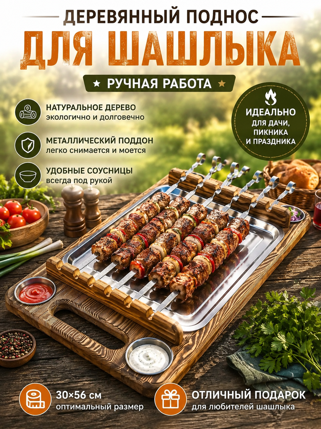 Деревянный поднос для шашлыка 30×56 см, ручная работа, доска для подачи мяса и закусок
