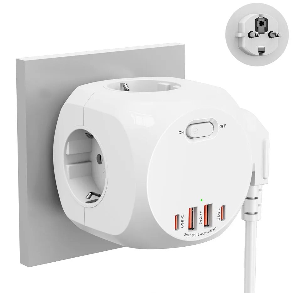 HITRENDS Компактная евро-розетка куб 4 розетки 2USB+Type-C стильный дизайн для современных интерьеров