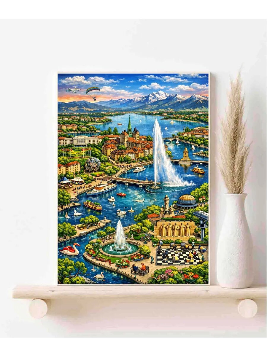 Женева, Швейцария, Fantasy Map, Карта, Плакат 30x42см