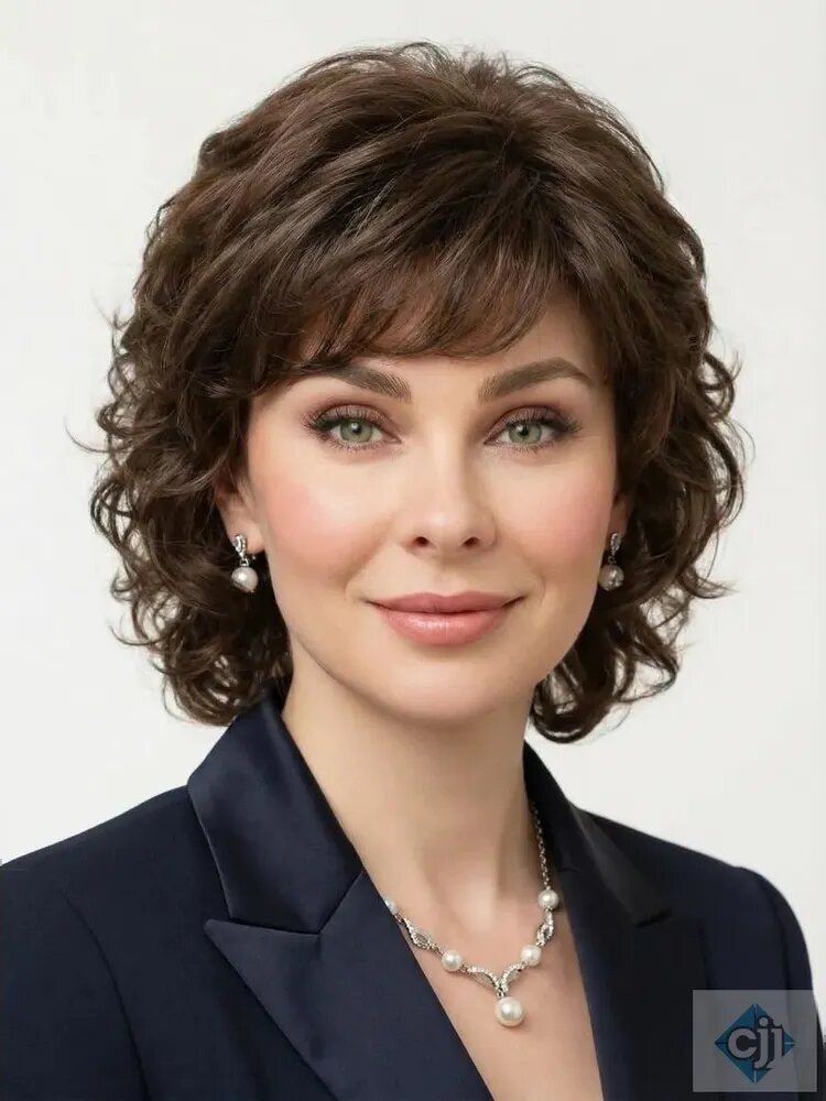 Короткий кудрявый парик шатен с челкой