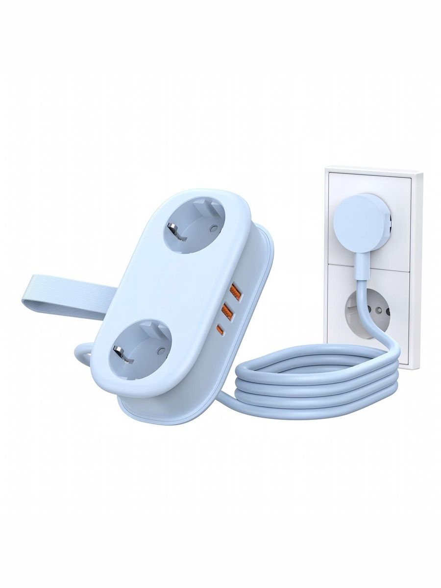 Удлинитель с зарядкой USB-C PD 20W и USB-A, 2 розетки Schuko 48мм, плоская вилка 0.86", для дома и путешествий, огнеупорный ПК, 5 в 1