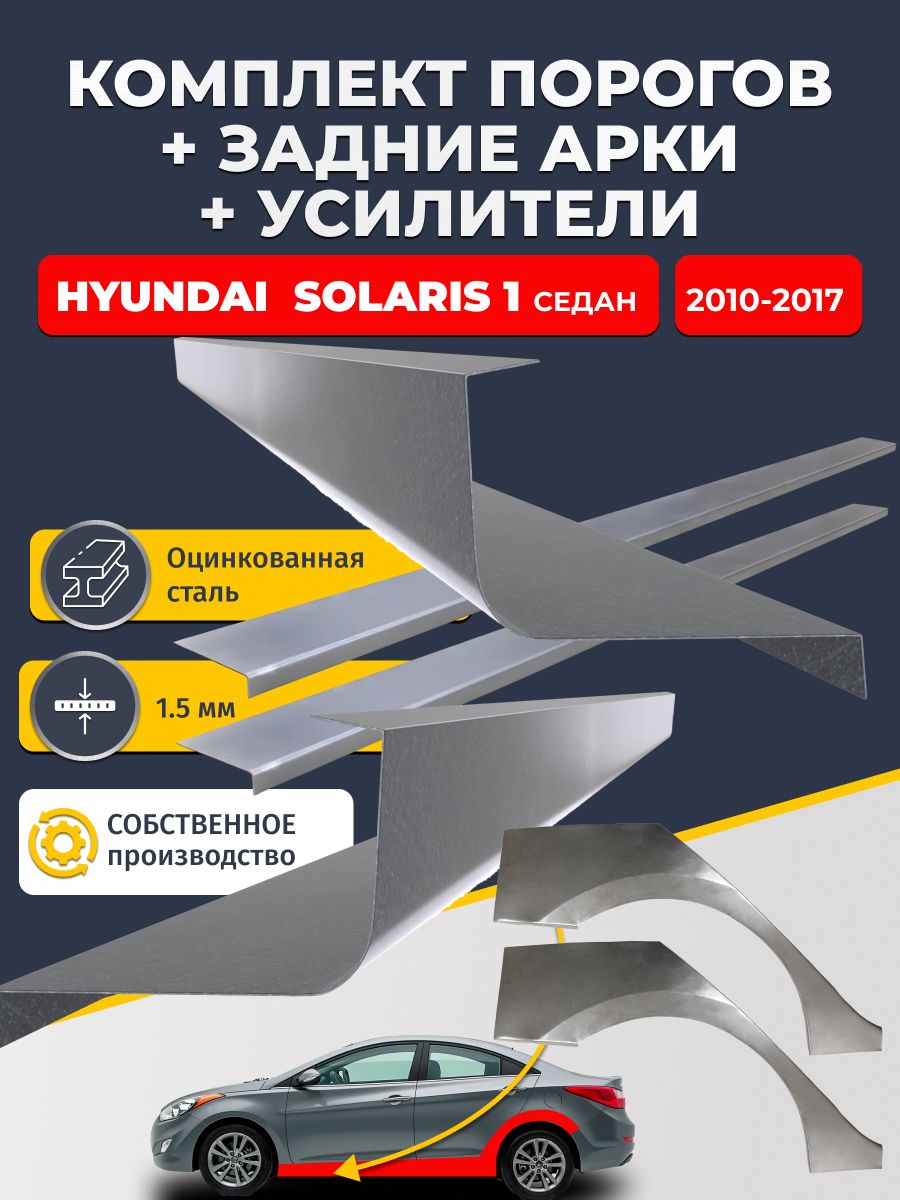 Комплект ремонтных задних арок(0,8 мм) и стандартных порогов(1,5 мм) + усилители (1,5 мм.) на Hyundai Solaris 1 2010-2017 седан (Хендай Солярис 1). Материал оцинкованная сталь.