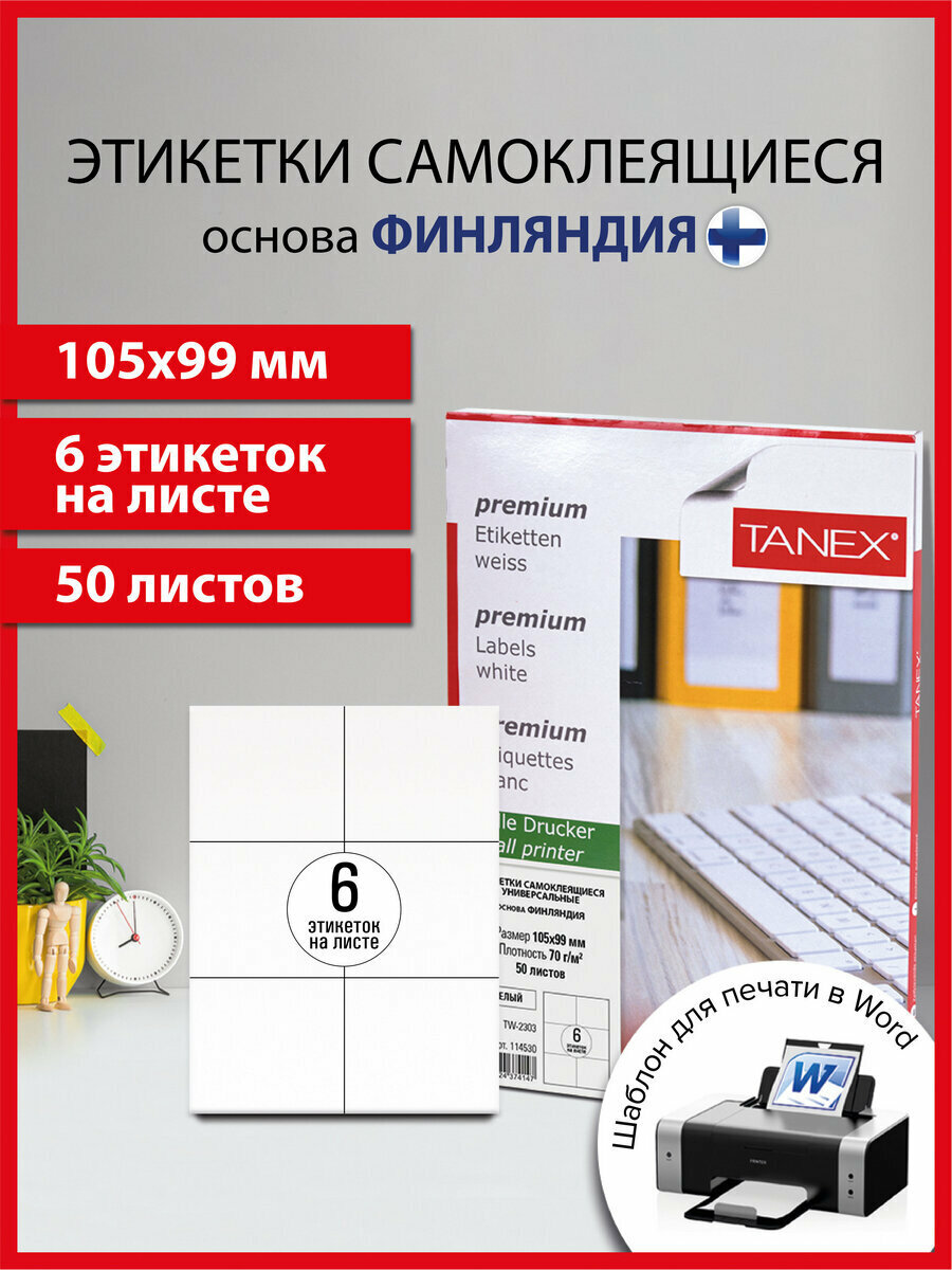 Этикетки / наклейки самоклеящиеся 105х99 мм, 6 этикеток, белая, 70 г/м2, 50 листов, Tanex, 114530