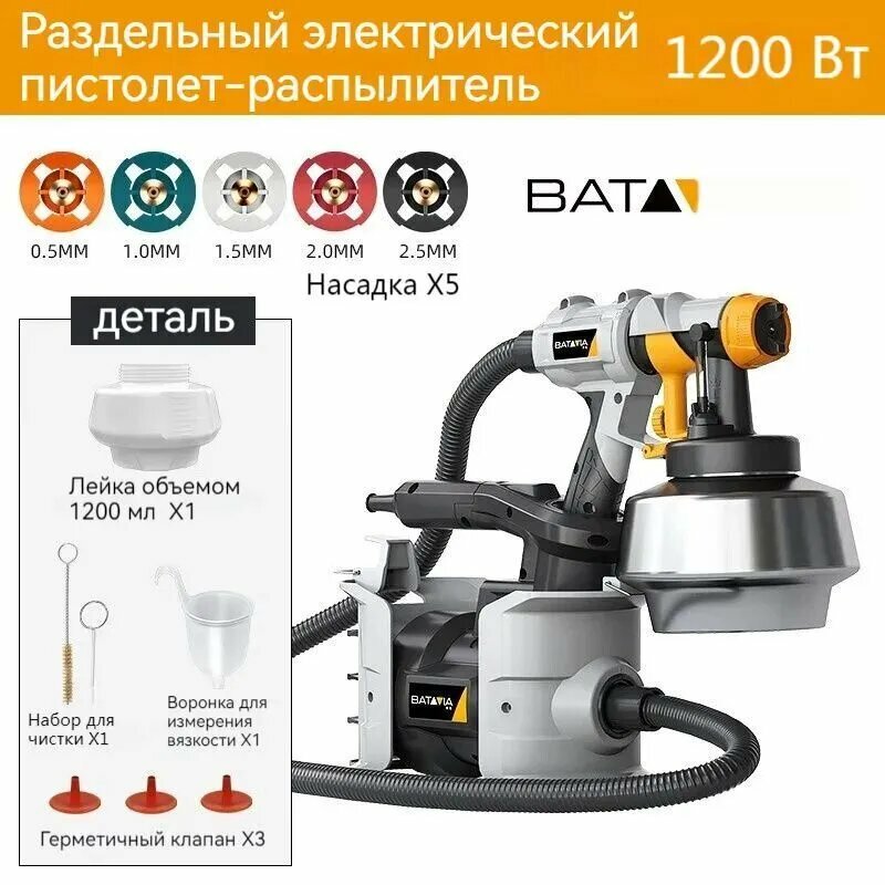 Электрический краскопульт 1200 Вт, лейка объемом 1200 мл*2 5 насадок Три формы распыления Регулируемый поток