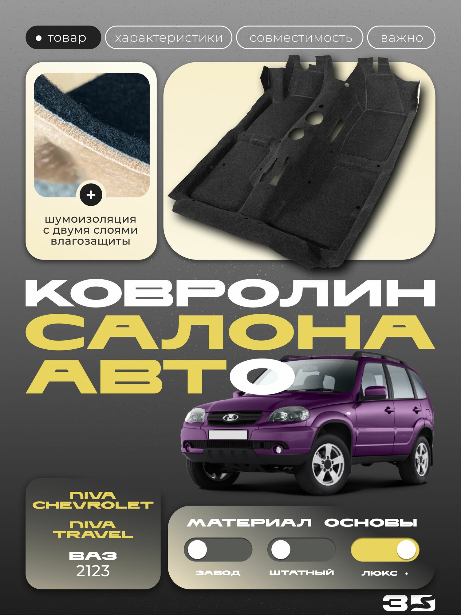 Ковролин (ковер) пола многослойный с шумоизоляцией для автомобиля ВАЗ 2123 Шевроле Нива/ Обшивка салона пола (Формованный)