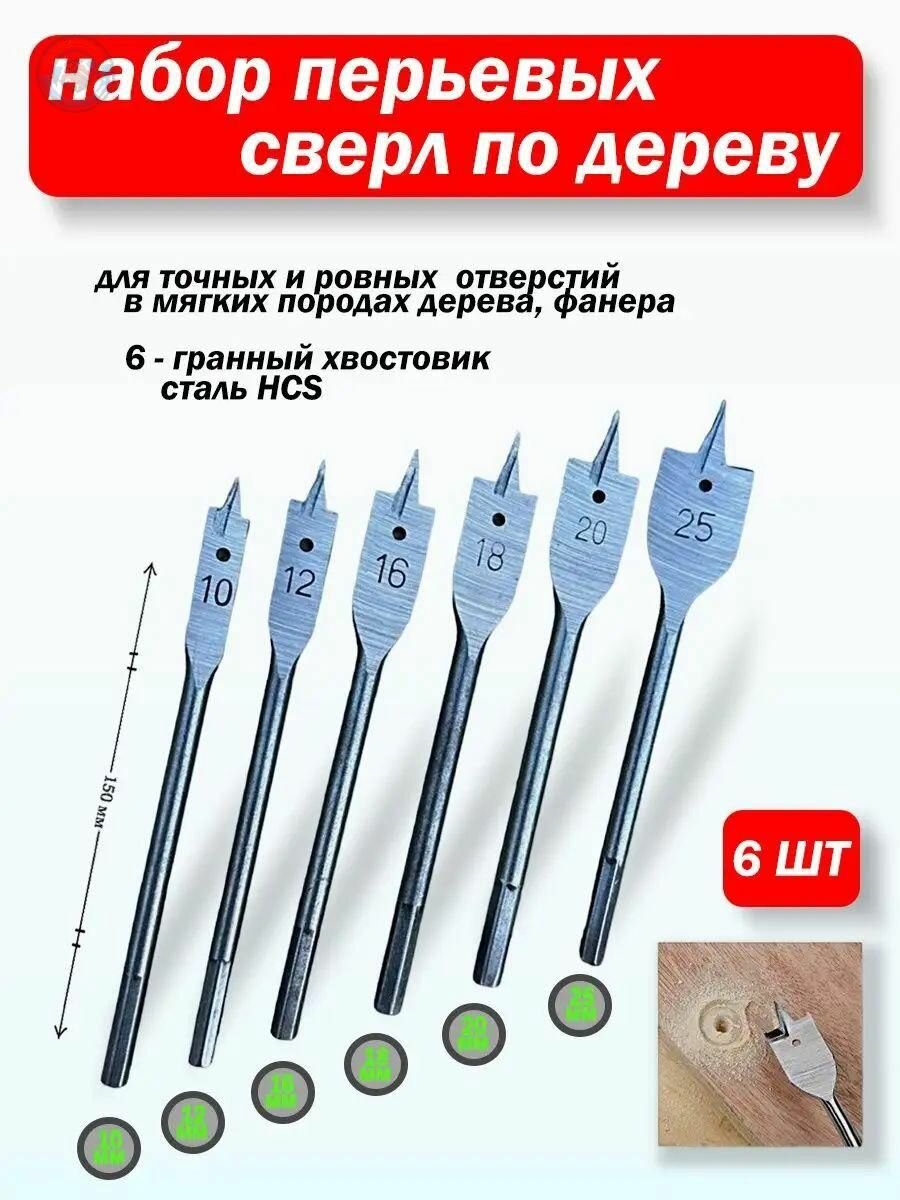 Набор перьевых сверл по дереву 6 для точных пазов и отверстий для петель и замков — 10-25 мм для столярных работ