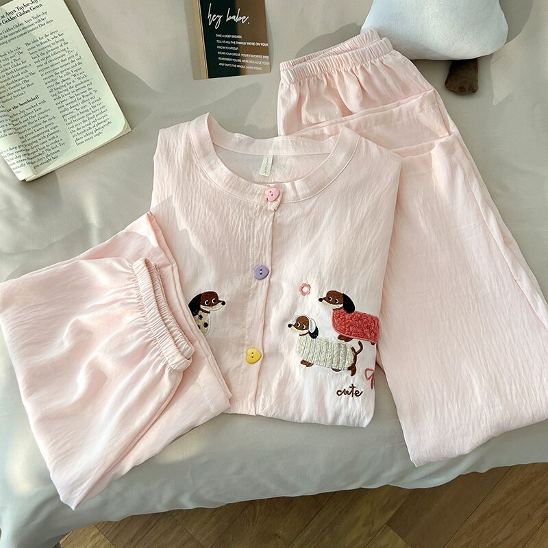 Мультяшная собака-сосиска с хлопковой лентой, нагрудник, встроенная пижама, женская летняя маленькая свежая домашняя одежда, летний комплект из трех предметов, тонкий