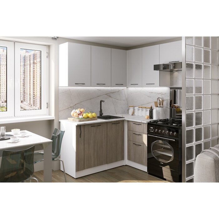 Кухонный гарнитур угловой «Парма мега прайм», 1600×1700 мм, цвет белый/шиншилла серая/джарра