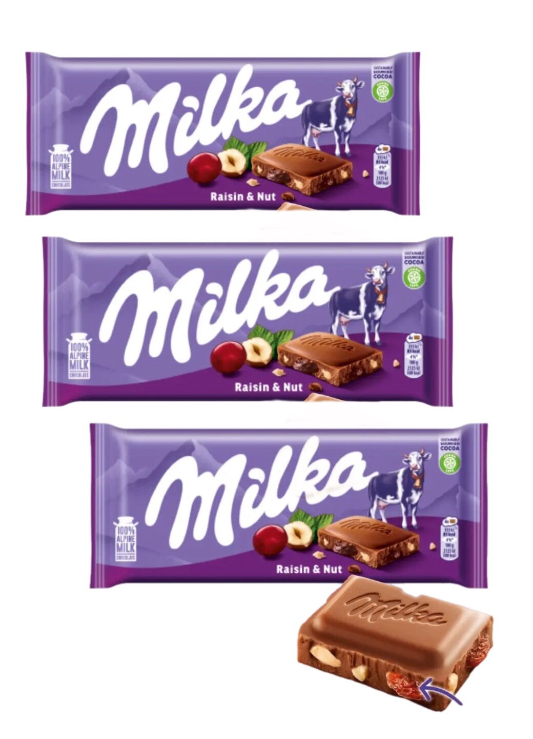 Шоколадная плитка Milka Raisins&Nuts, изюм и фундук, 3 шт х 100г (Германия)