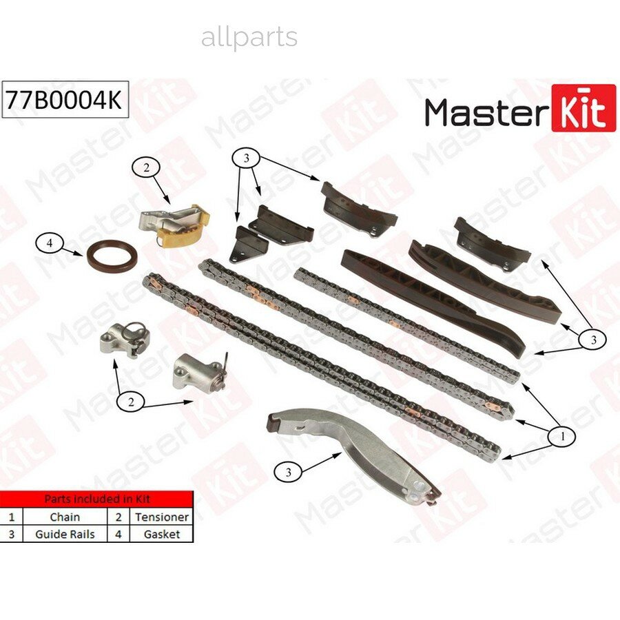 MASTERKIT 77B0004K Комплект цепи ГРМ KIA Sorento 2.5 CRDi D4CB 02-10 (без звездочек)