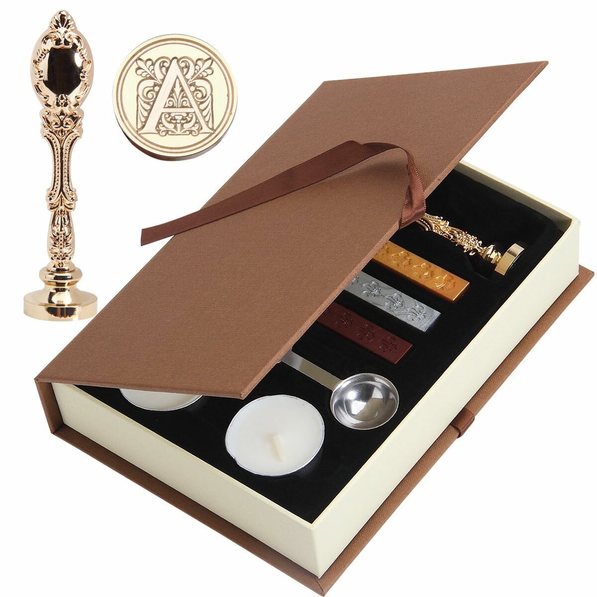 Набор из сургучной печати канцелярская и сургуча, ложки и свечки в коробке / монограммой "Буква А" Бронзовая ручка в стиле павлина