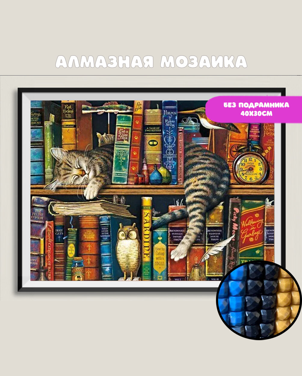 Алмазная мозаика "Котик в книгах" , набор с квадратным кристаллом, размер 40х30см