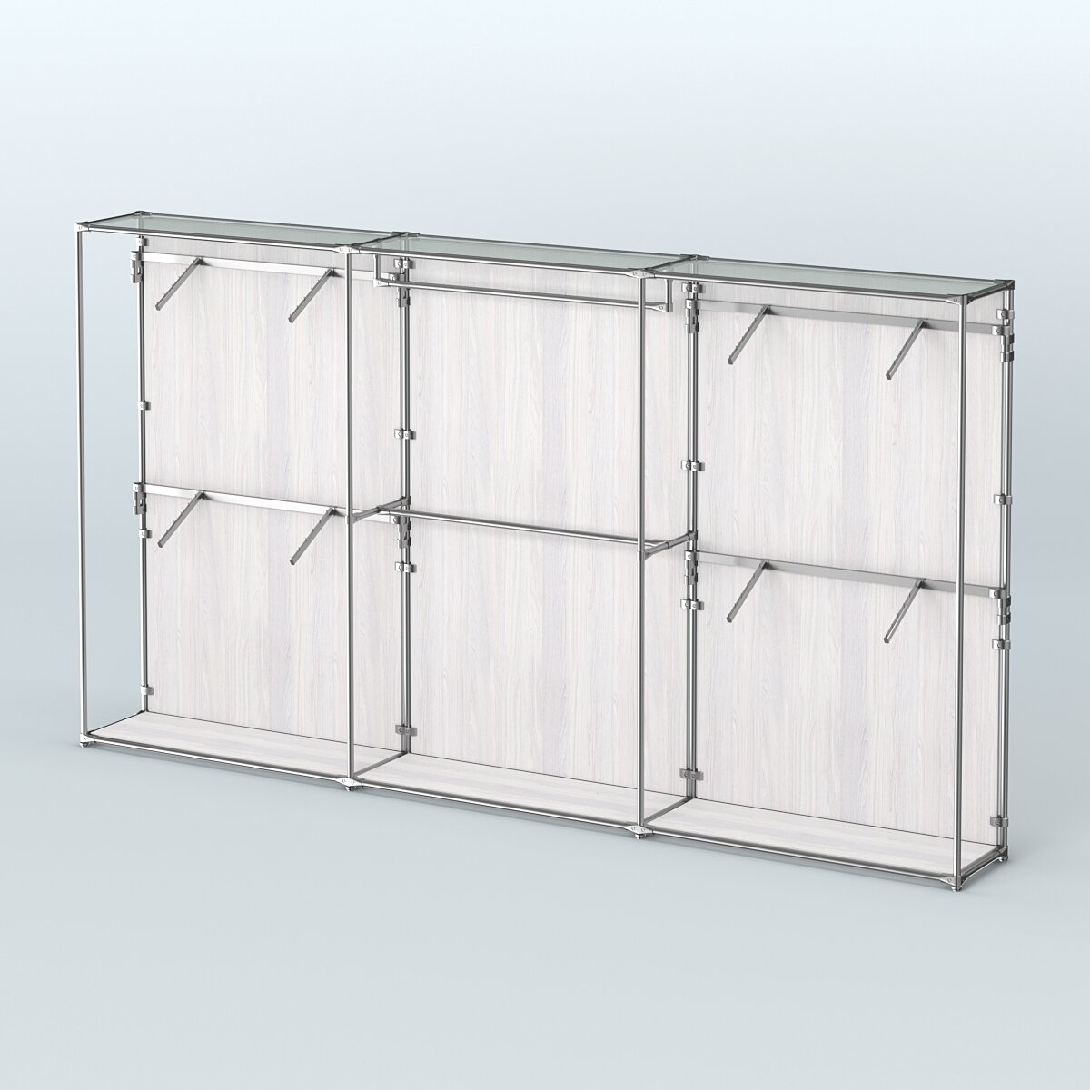 Торговая система хром (задняя стенка - ДСП) 3600 мм с поручнями №2, Ясень Анкор светлый