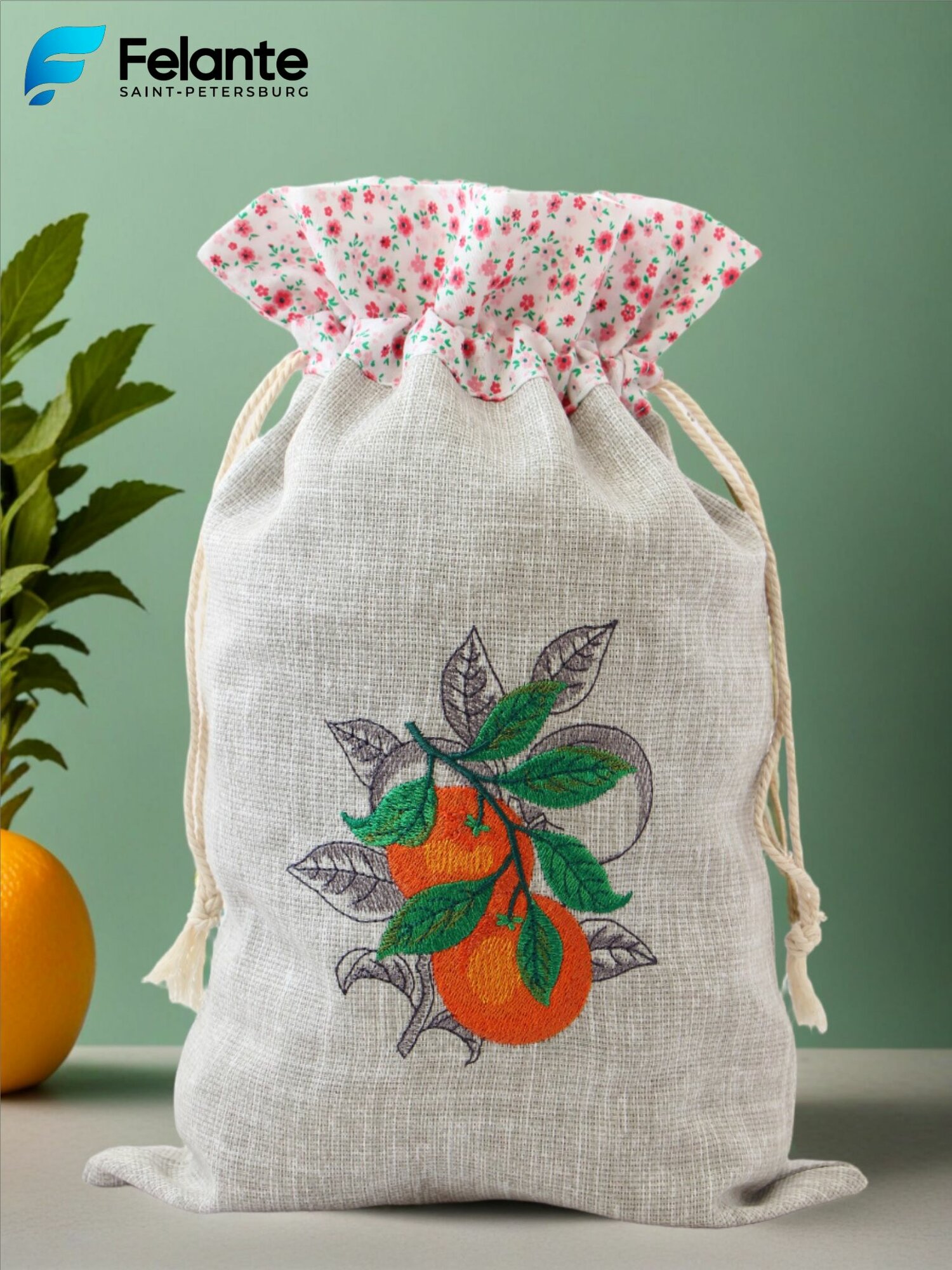Экомешочек из льна для хранения продуктов с вышивкой "Апельсин" 1шт.