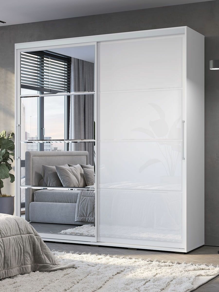 Шкаф-купе для одежды и хранения вещей Крафт 6 с ящиками, с полками, со штангой для одежды, 196.2х59.1х217.6 см, Белый, ЛДСП / Лакобель белый / Зеркало