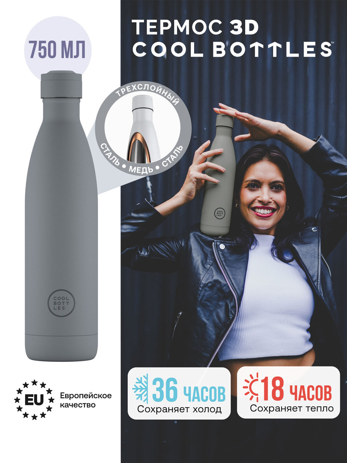 Термос–термобутылка Cool Bottles Pastel Grey 750мл CB750PAY