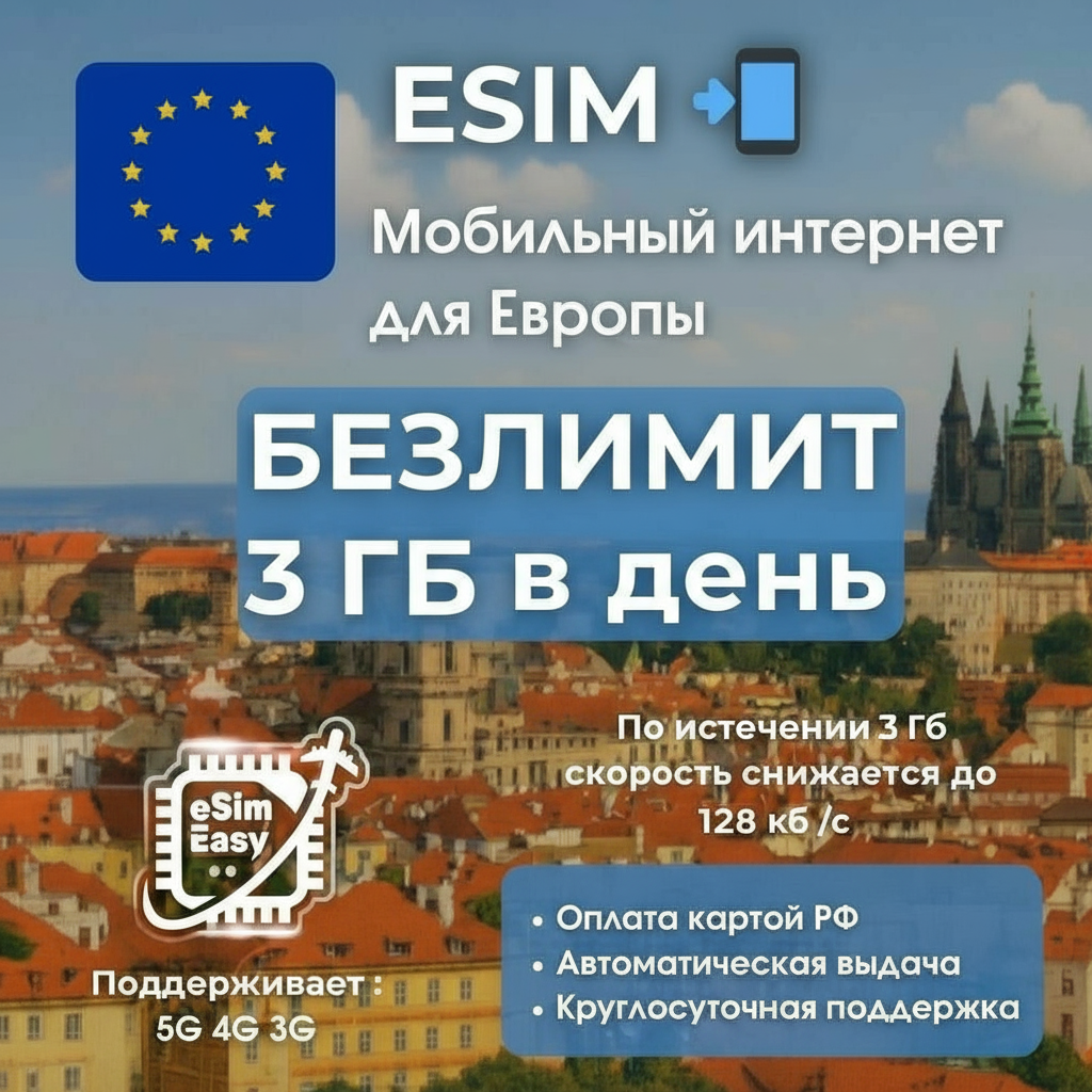 ESIM, безлимит 3 Гб в день, для интернета в Европе, для телефона и планшета, 4G, 3G, электронный ключ