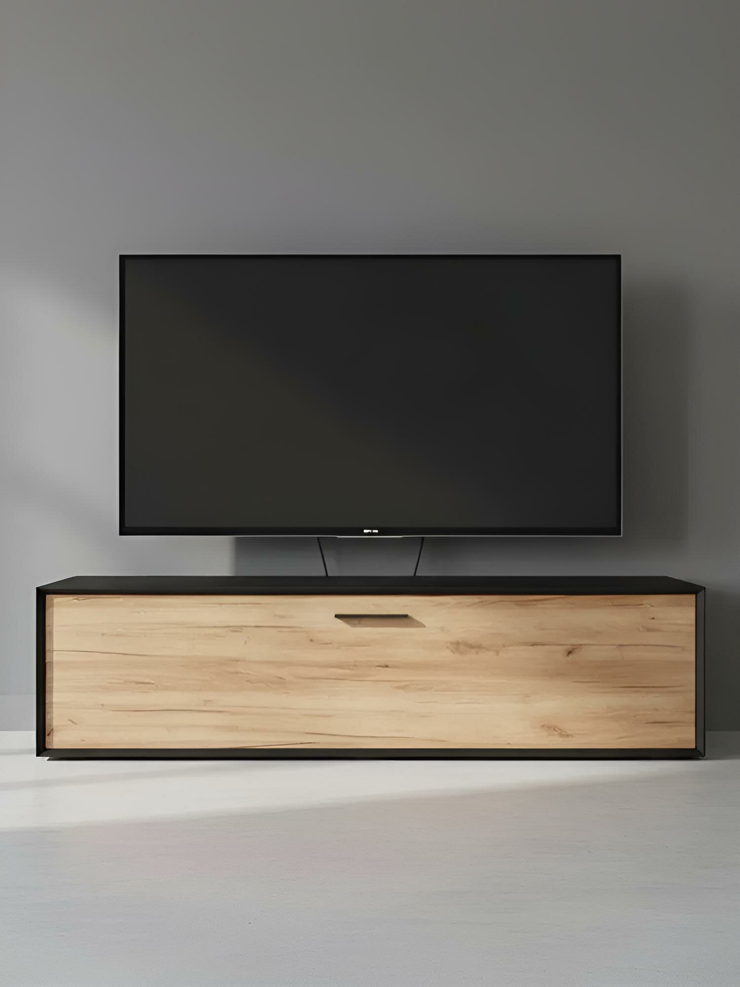 Тумба под телевизор напольная Неаполь, 140х50х35.6 см, 1 ящик, 3 полки, Черный/Дуб золотой