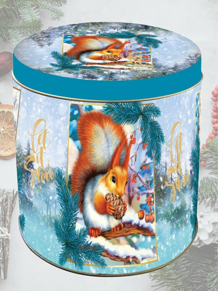 Кекс панеттоне "В Новогоднем лесу", с изюмом и цукатами, в яркой жестяной коробке,1кг, Battistero