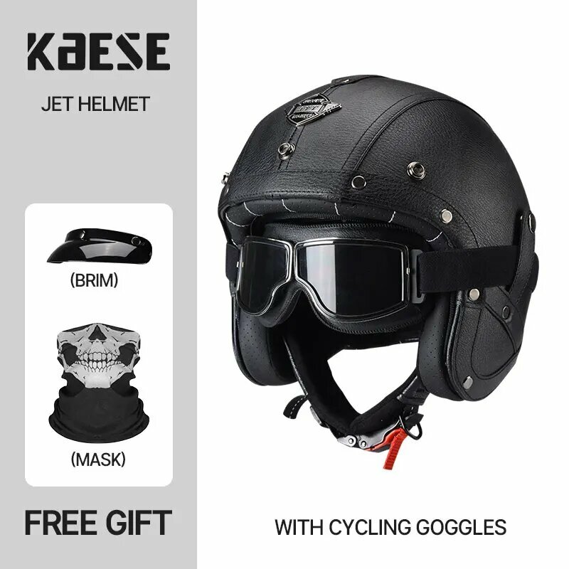 Винтажный кожаный шлем, мотоциклетный шлем с открытым лицом, в старинном стиле, черного цвета, L, Черный, Унисекс