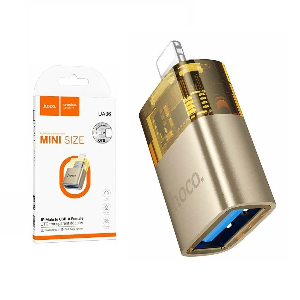 Переходник адаптер USB to Lightning Hoco UA36, для Айфона, OTG, прозрачный золотистый