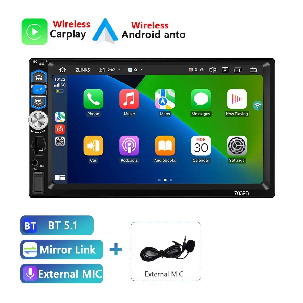 Автомагнитола Podofo универсальная, мультимедийный плеер на Android, с 7 "сенсорным экраном, Bluetooth, без проводов, Типоразмер 1DIN, Wireless Carplay
