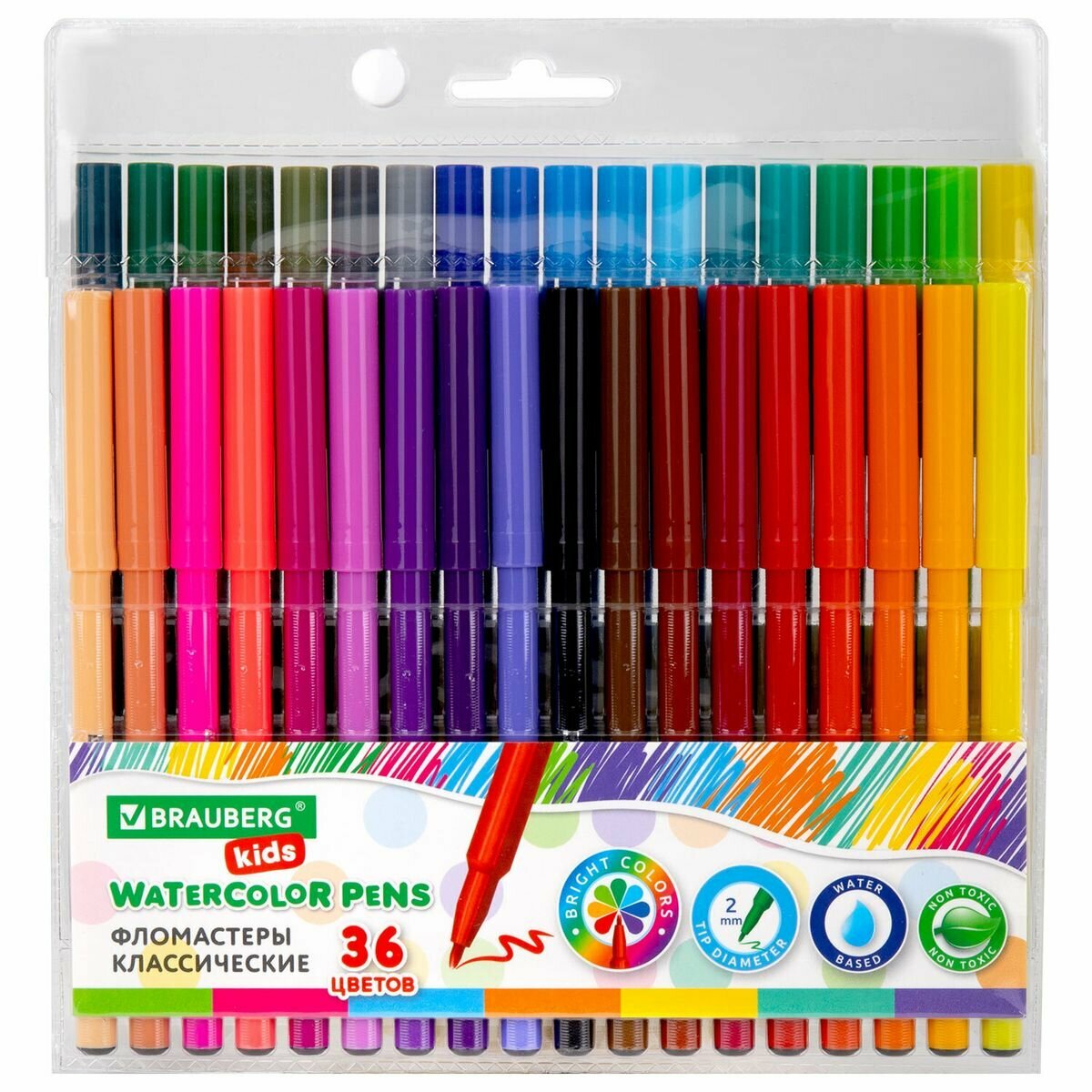 Набор фломастеров 36 цветов Brauberg Kids (линия 1мм, вентилируемый колпачок) ПВХ-упаковка (152603), 48 уп.